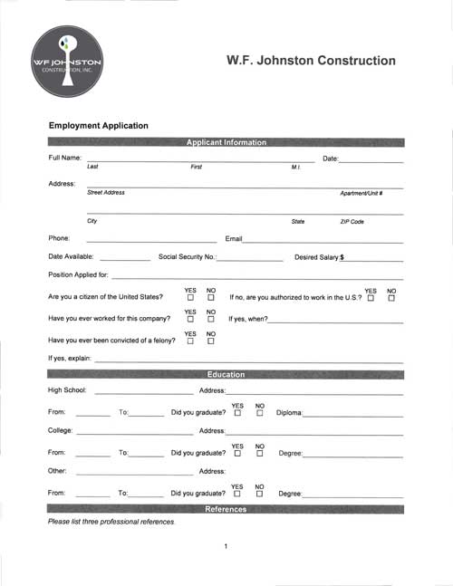 Construction Employment Application Template